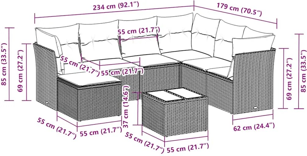 8dílná zahradní sedací souprava a podušky světle šedá polyratan 3218002