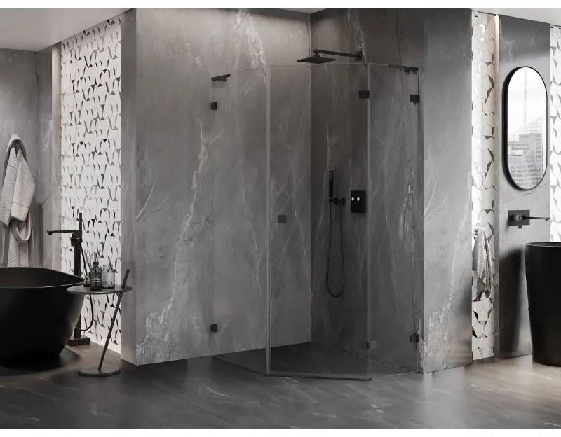Mexen Lunar, L pravý výklopný pětiúhelníkový sprchový kout 80 x 90 cm, 8mm čiré sklo, černý profil, 831L-080P-090L-70-00-P