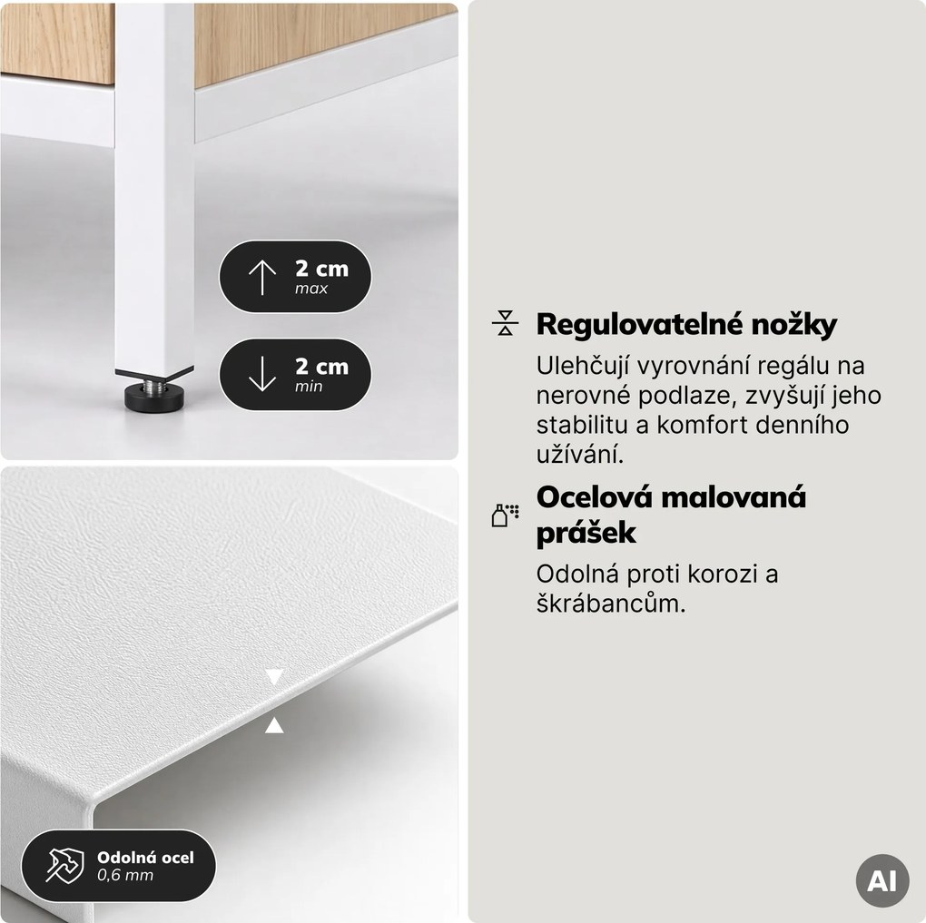 Regál se zásuvkami do kanceláře, na šanony a dokumenty, otevřené police, kovový, bílý/dub sonoma, 800x2200x400 mm: ARIEL Eco Design