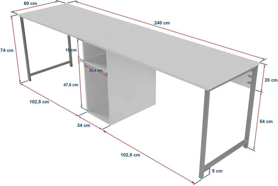 Matný pracovní stůl 60x240 cm Twin – Kalune Design