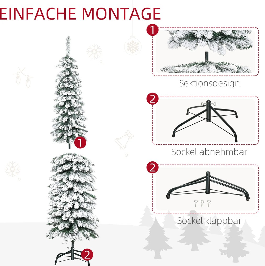 HOMCOM Umělý vánoční stromek, zasněžený, úzký design, nehořlavý, 180 cm, zelená/bílá