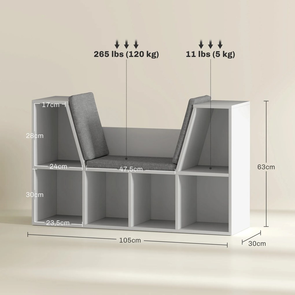 HOMCOM Knihovna s polštářem, úložný regál se 6 přihrádkami, vzhled lnu, malá knihovna do obývacího pokoje, ložnice, 105 x 30 x 63 cm, bílá