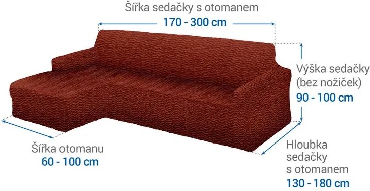Bielastické potahy CRISTINA měděná sedačka s otomanem vlevo (š. 170 - 300 cm)