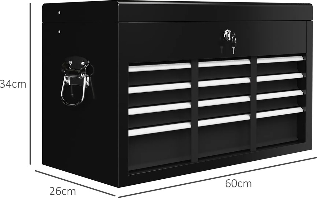 HOMCOM Box na nářadí, kufr na nářadí bez nářadí, se 6 zásuvkami, zámek, box na nářadí s rukojetí, box na nářadí, ocel, černý, 60 x 26 x 34 cm