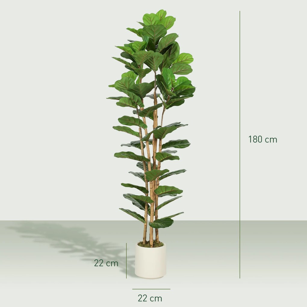 HOMCOM umělý fíkovník (Fiddle Leaf Fig), 180 cm, 91 listů, kmen z masivního dřeva, v květináči — realistická plastová rostlina do obýváku, ložnice, k…