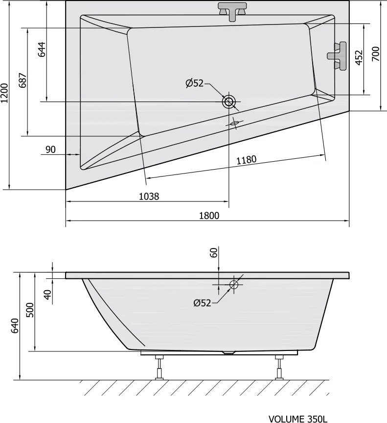 Polysan Polysan, TRIANGL L asymetrická vana 180x120x50cm, bílá, 19611