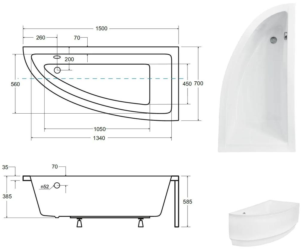 BESCO Asymetrická vana FONDI Nožičky k vaně - S nožičkami, Rozměr vany - 150 × 70 cm, Způsob provedení - Pravé - OLVFON15P+OLVPINOZ