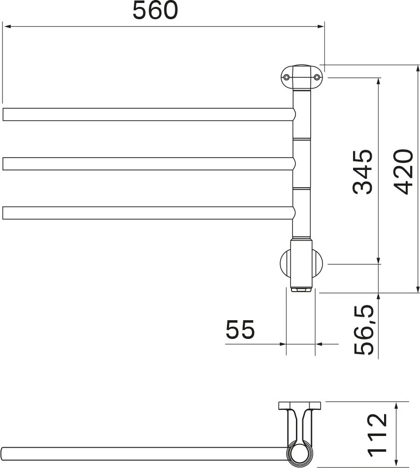 Elektrický sušák na ručníky – nerezový a černý koupelnový žebřík - 3 otočná rovná ramena (PAX FLEX I) Varianta el. žebříku: Nerez - s časovačem