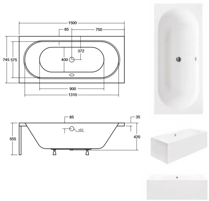 NIKIDO - B Akrylátová vana  VITAE 150x75, 160x75, 170x75, 180x80 Velikost: 160x75