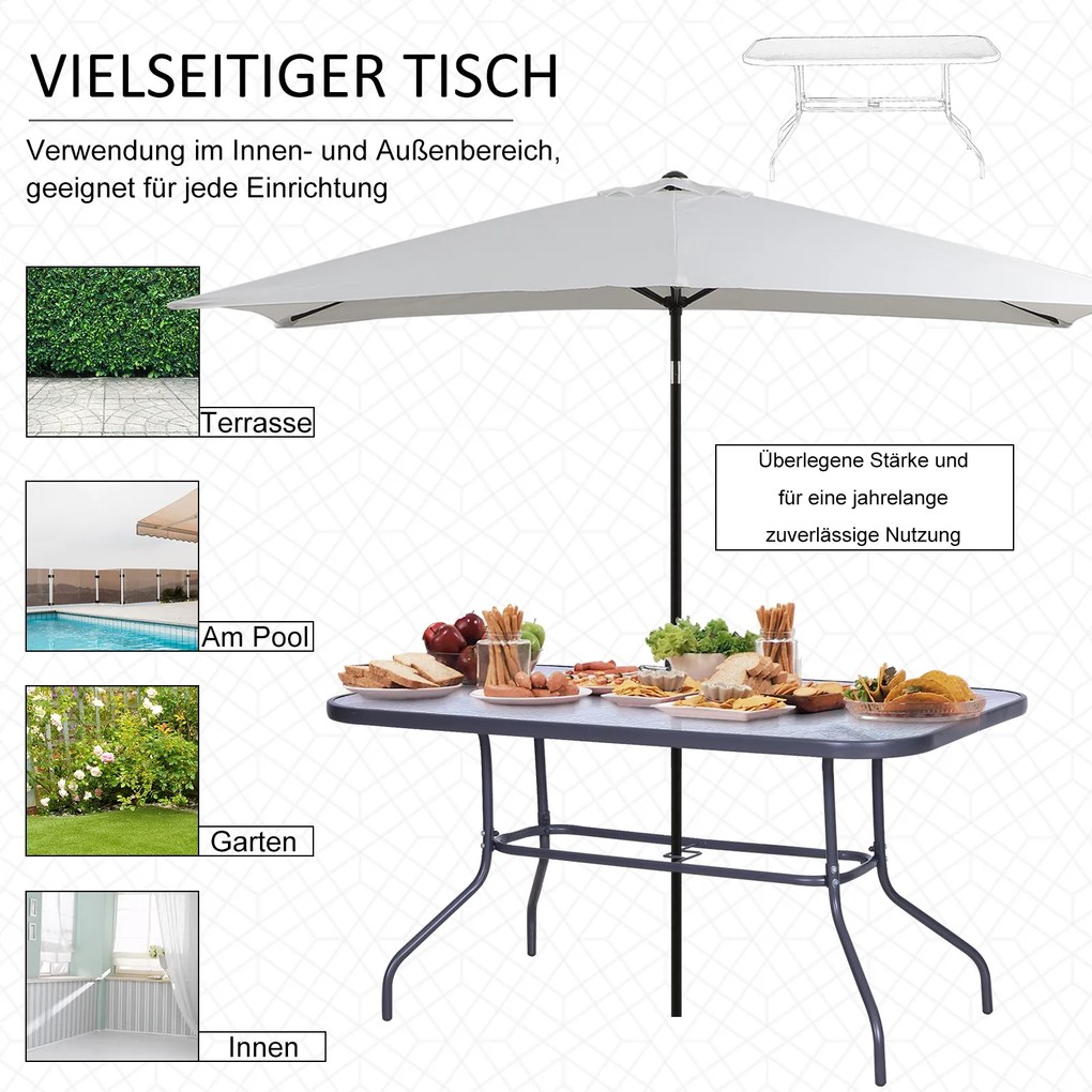 Outsunny Obdélníkový Zahradní Stůl s Zakřivenými Kovovými Okraji a Otvorem pro Slunečník, Temperované Sklo 70kg Kapacita 140x80x70 cm Tmavě Šedá