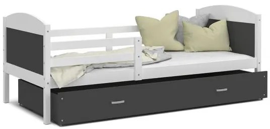 Dětská postel MATYAS P 80x160 cm s bílou konstrukcí v šedé barvě se šuplíkem.