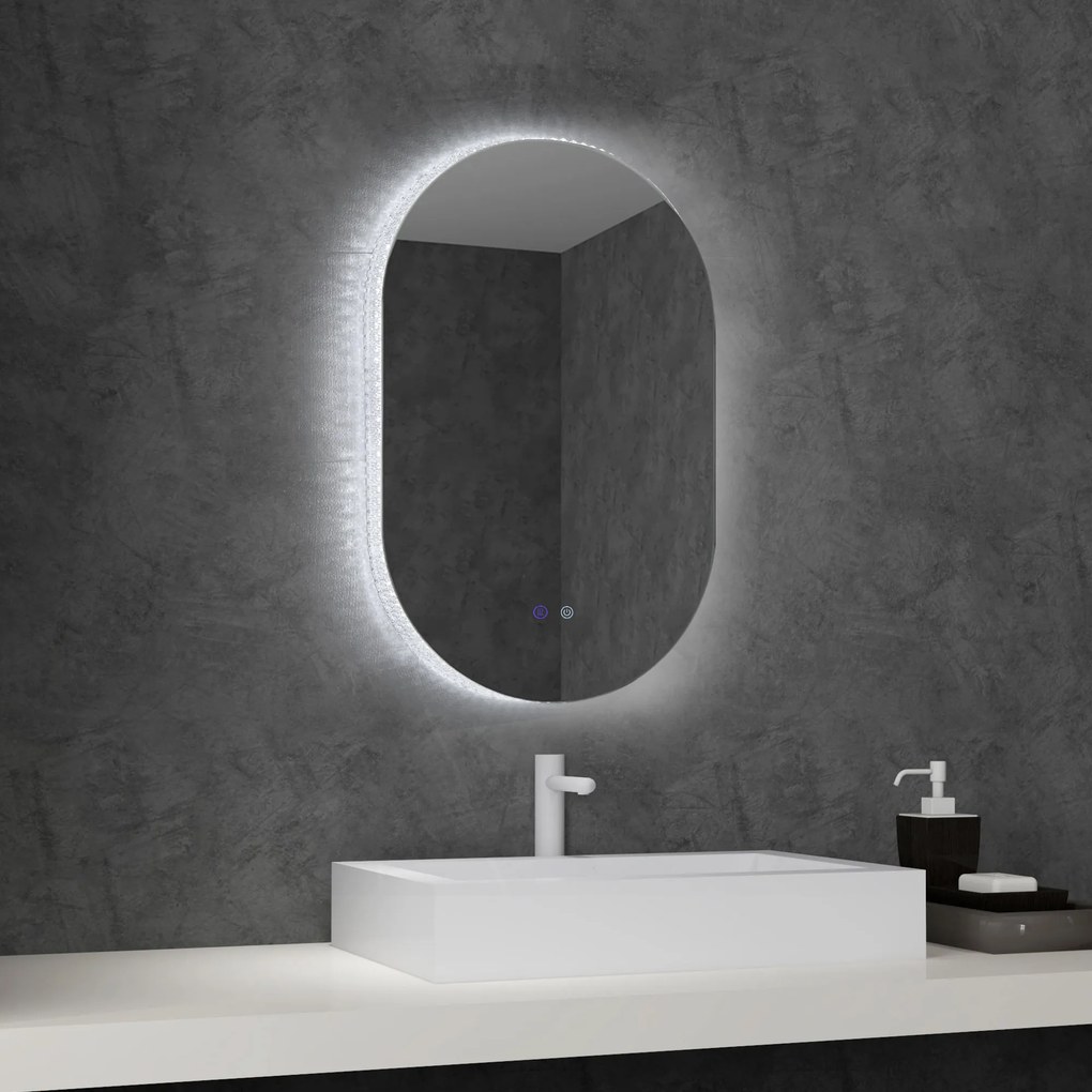 kleankin oválné osvětlené LED nástěnné zrcadlo do koupelny 81 x 51 cm, 3 barvy, nastavitelná jasnost, dotykový spínač, průhledné