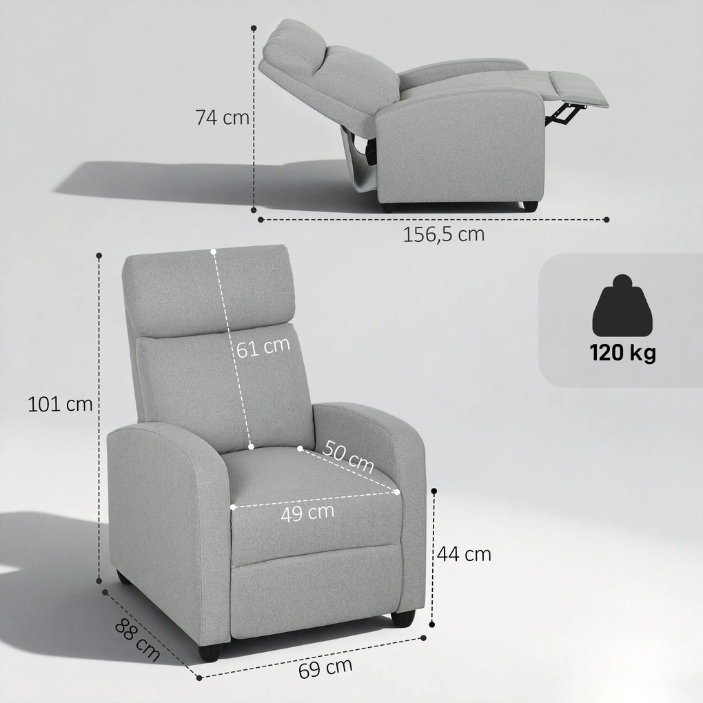 HOMCOM Relaxační křeslo, nastavitelné 135°, vysouvací podnožka, polstrovaná opěradla, lněný/polyester, světle šedá