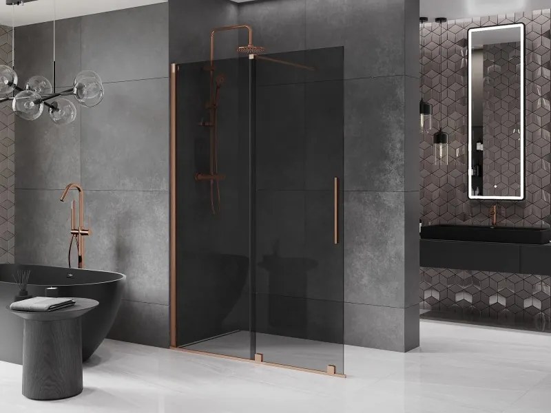 Mexen Velar, sprchová zástěna s posuvnými dveřmi Walk-in 140 x 200 cm, 8mm šedé sklo, měděná matná, 871-140-000-43-65