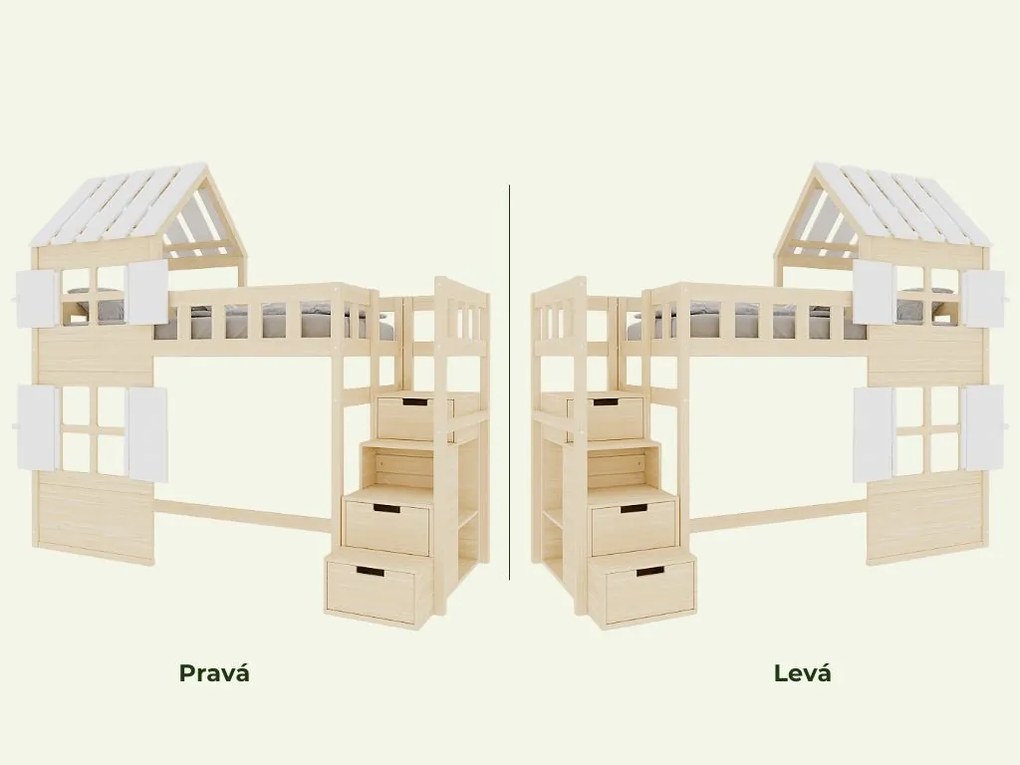 Benlemi Zvýšená postel CHALOUPKA s poloviční střechou a úložnými schody 90x200 cm Zvolte barvu: Bílá s transparentně lakovanými prvky, Zvolte stranu: Vpravo