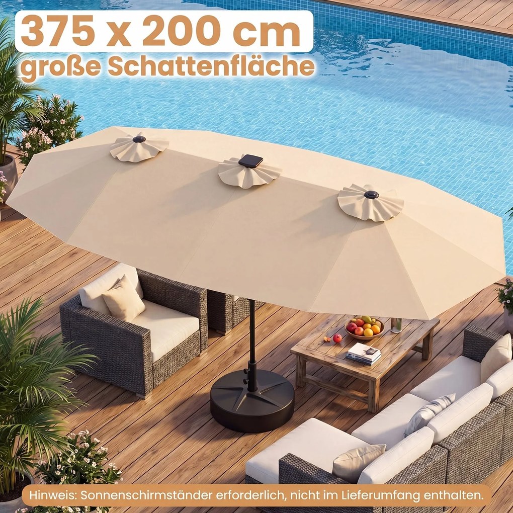 Costway Dvojitý slunečník s LED osvětlením obdélníkový – 400 × 210 cm, béžový