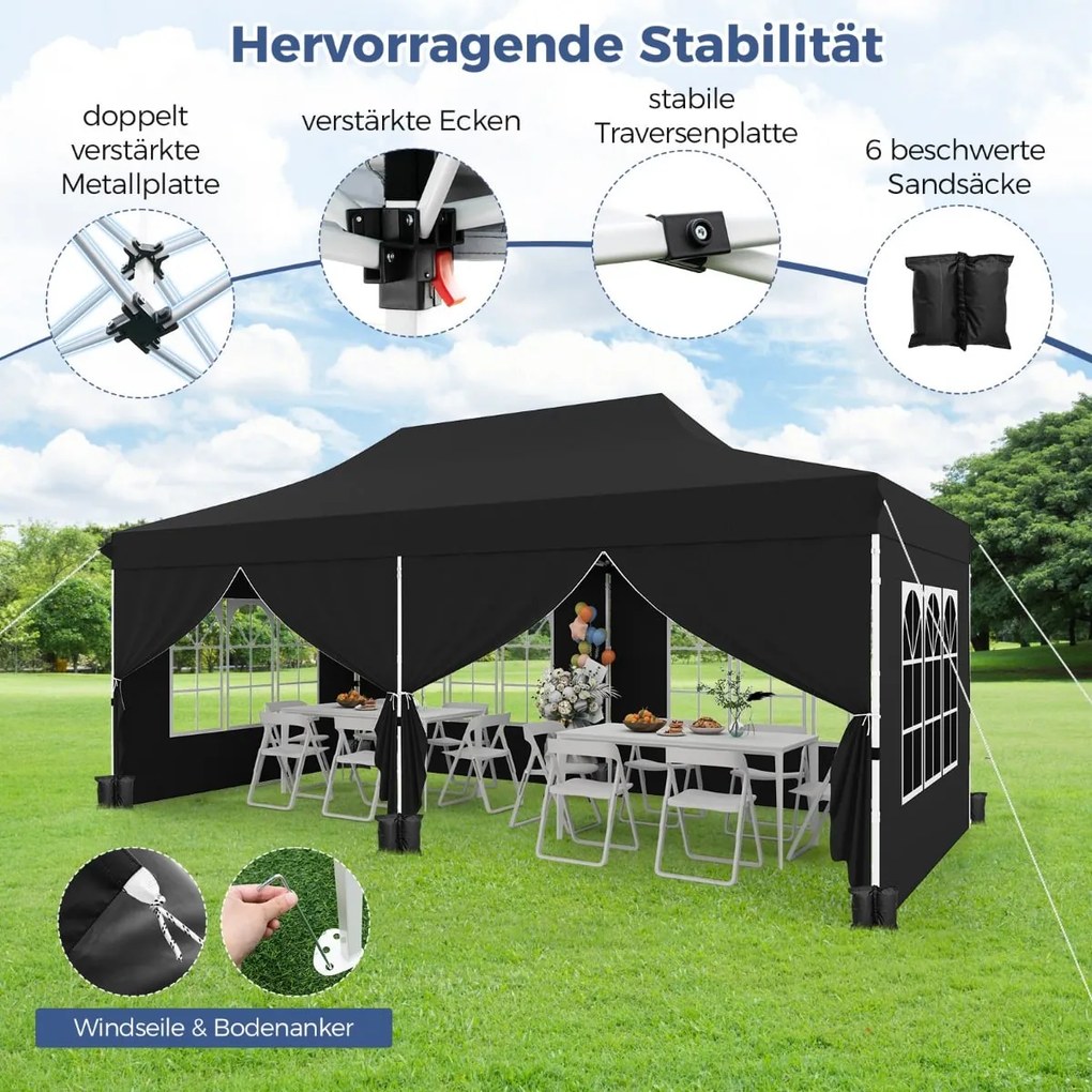 Costway Pavilon skládací pavilon s 6 odnímatelnými bočními stěnami a – černý