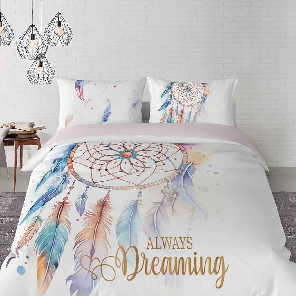 Detexpol Bavlněné povlečení 220x200 bílé v boho stylu s lapačem snů a peřím Always Dreaming – 5834 A – Celoroční sada ložního prádla Floral Elegance