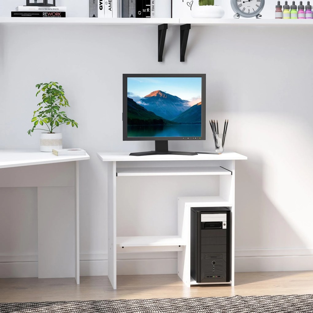 HOMCOM Úsporný stůl pro domov a kancelář, moderní počítačový stůl, držák CPU, dřevěná klávesnicová police, 80x45x75cm, bílý