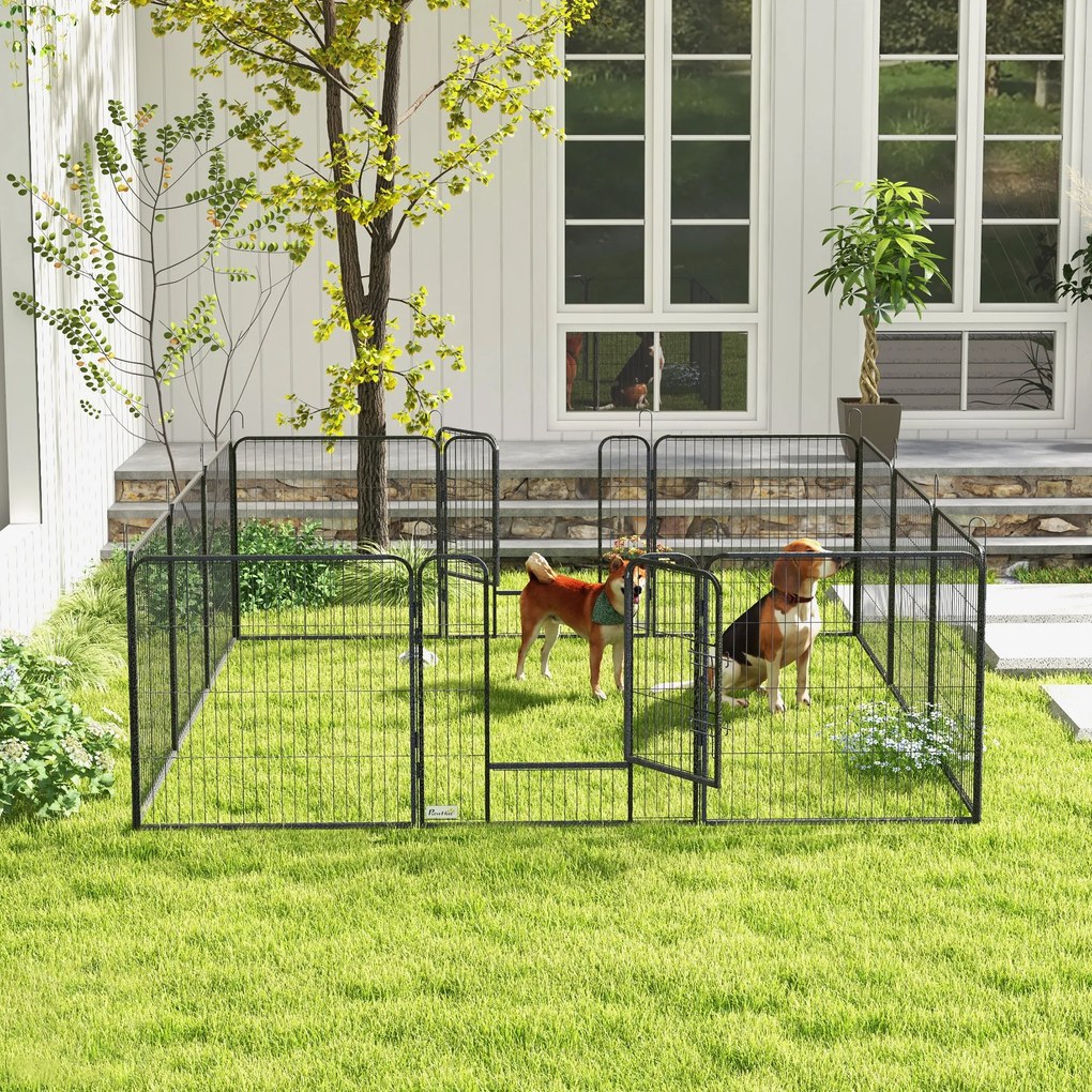 PawHut výběh pro štěňata 80 cm vysoký, 12-TLG výběh pro štěňata se 2 dvířky, DIY výběh pro střední psy, králíky, morčata, ocel, šedý
