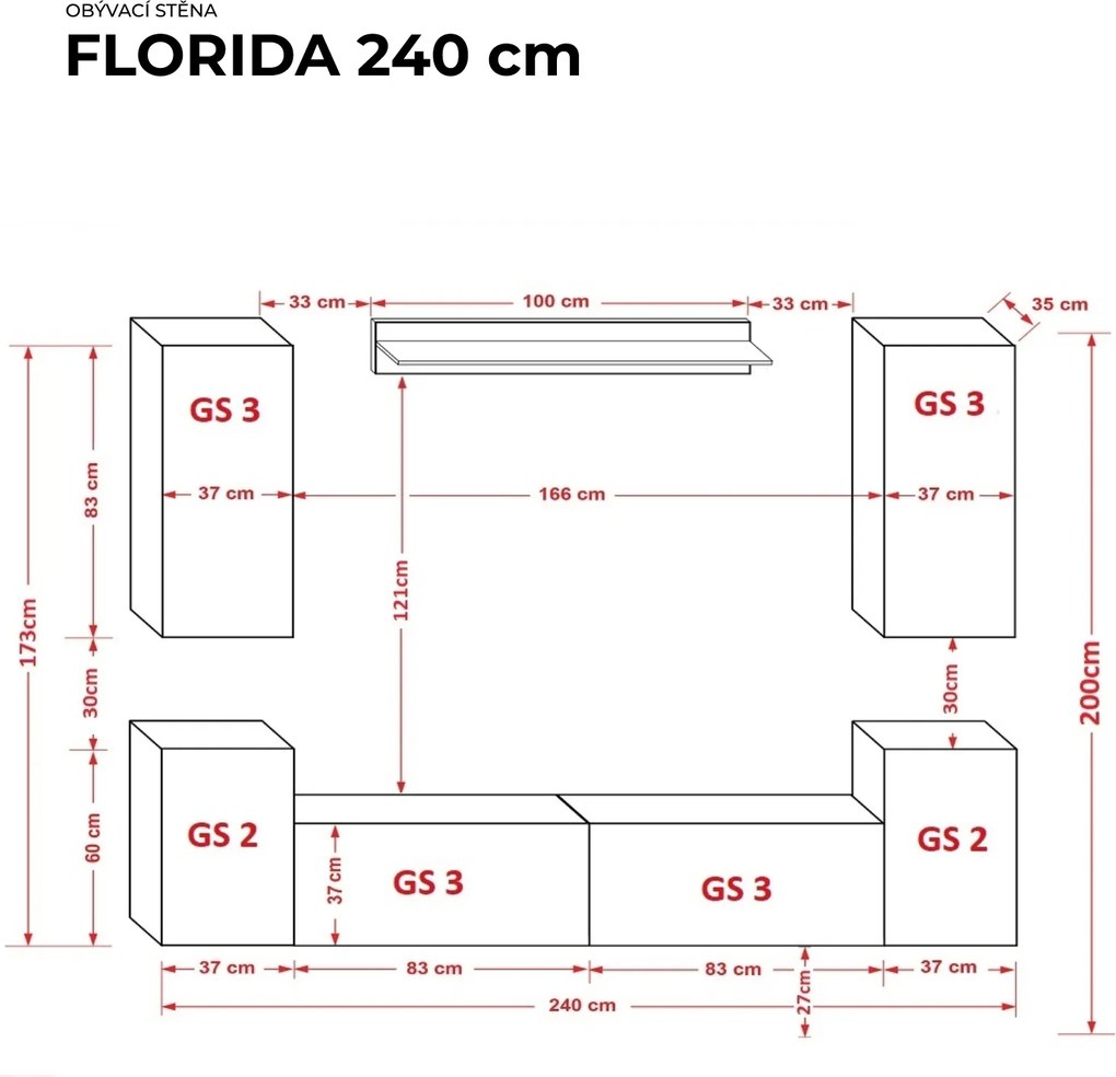 Ral Obývací stěna FLORIDA 2, 240 cm - Bílý lesk