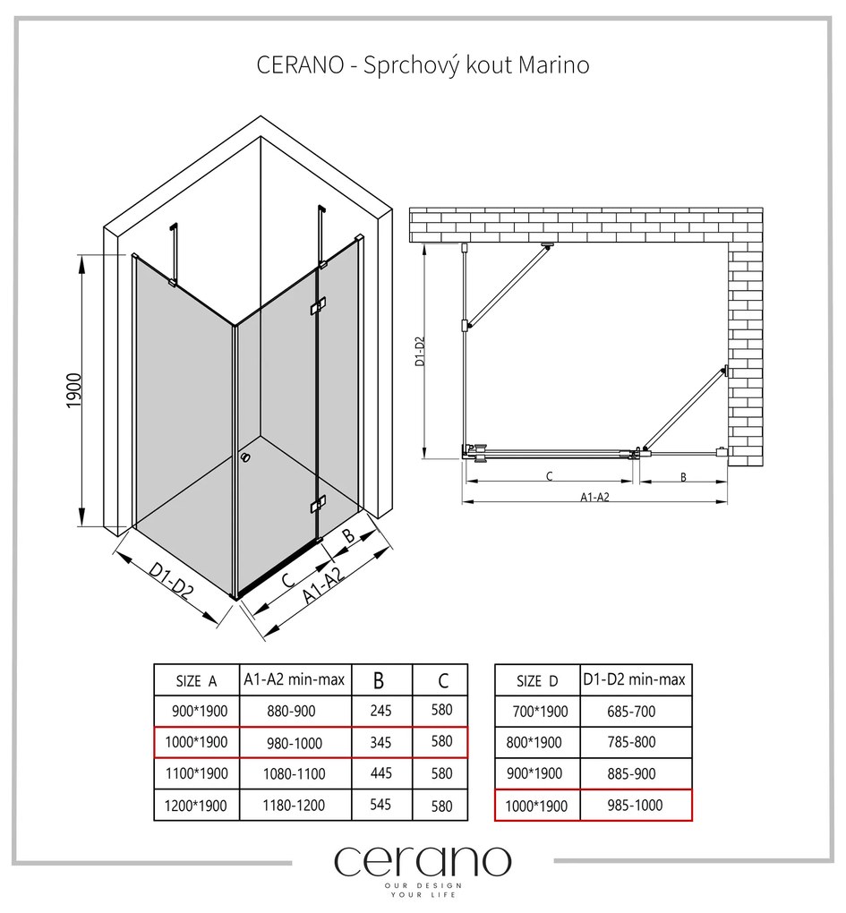 CERANO - Sprchový kout Marino L/P - chrom, transparentní sklo - 100x100 cm - křídlový