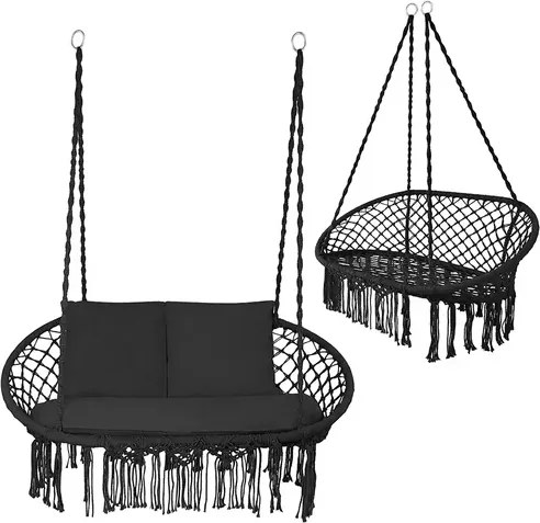Zahradní dvoumístná černá houpačka Stork's Nest + polštáře