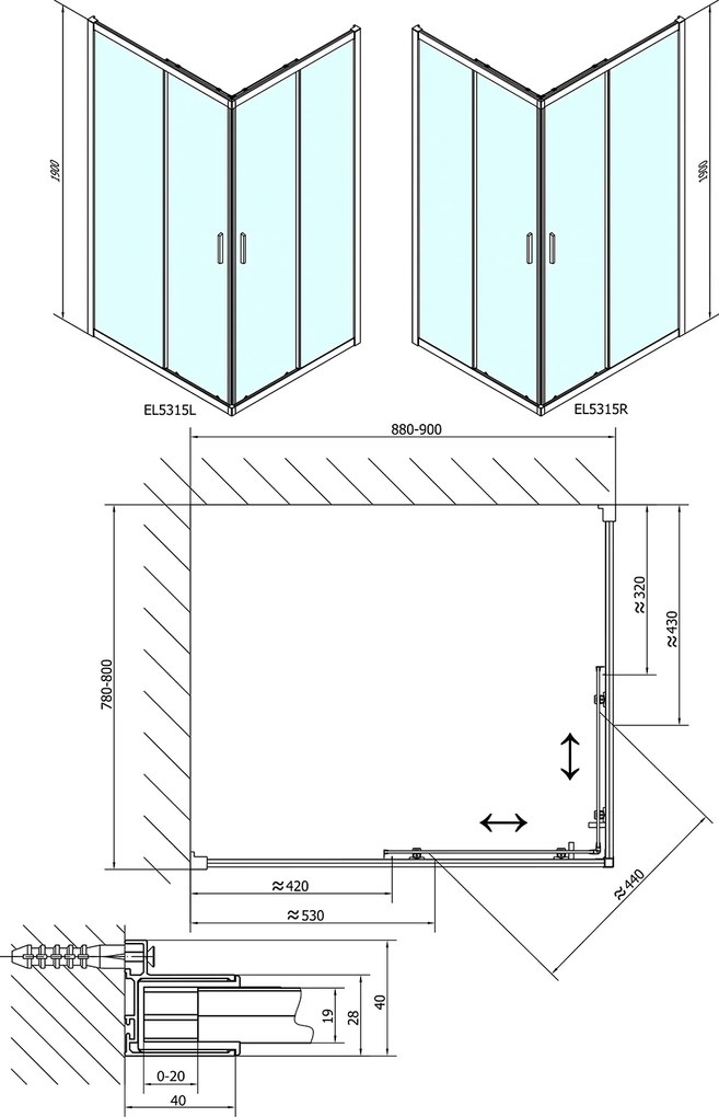 Polysan Polysan, EASY LINE obdélníková sprchová zástěna 900x800mm, čiré sklo, EL5315