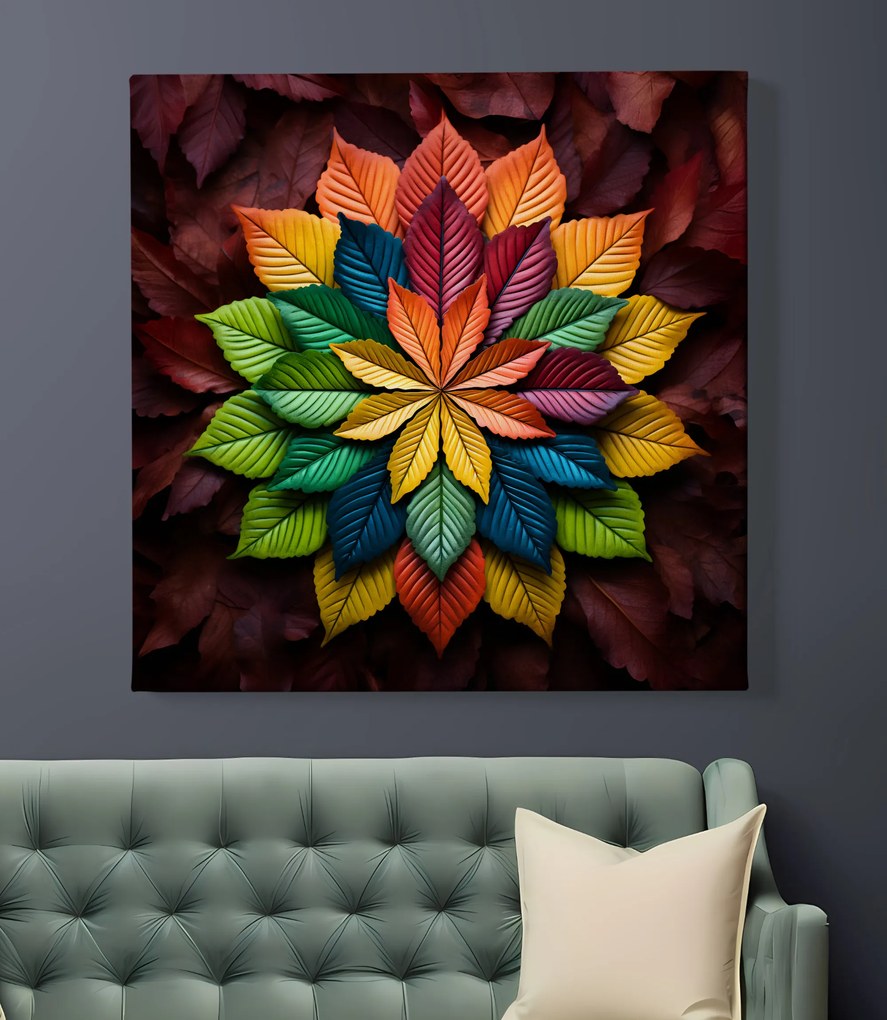 Obraz na plátně - Mandala barevné listy, žluto oranžový střed FeelHappy.cz Velikost obrazu: 100 x 100 cm