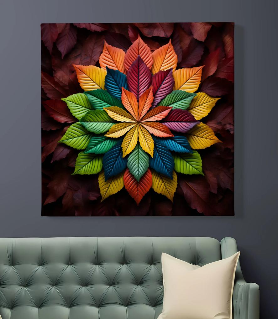 Obraz na plátně - Mandala barevné listy, žluto oranžový střed FeelHappy.cz Velikost obrazu: 140 x 140 cm