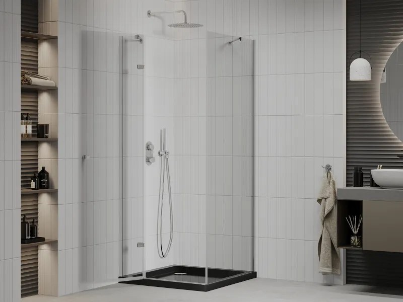 Mexen Roma, sprchový kout s křídlovými dveřmi 90 (dveře) x 90 (stěna) cm, 6mm čiré sklo, chromový profil + slim sprchová vanička černá + chromový sifon, 854-090-090-01-00-4070