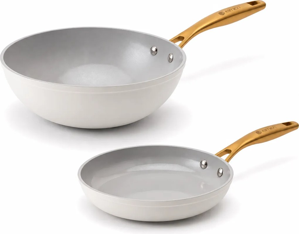 Elmich Základní sada keramických pánví Zen 2 ks – klasická + wok, krémovo zlatá