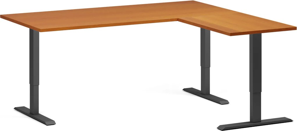 Rohový výškově nastavitelný stůl, 180x160 cm, 3 motory, L/P, černá podnož, třešeň