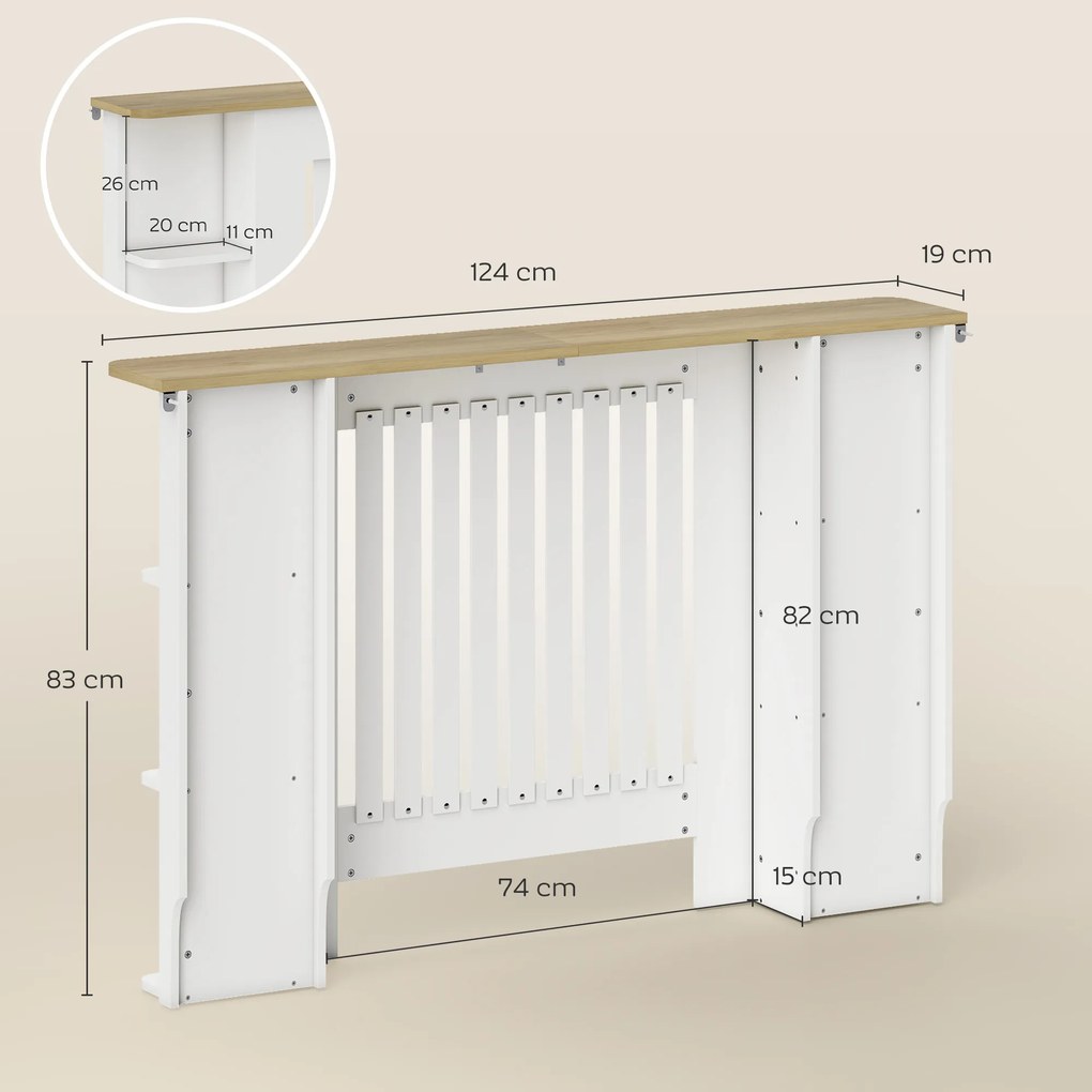 HOMCOM kryt radiátoru s policemi, kryt radiátoru z MDF, moderní lamelový design pro obývací a ložní pokoj, 124 x 19 x 83 cm, bílá