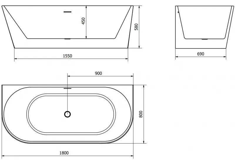 Mexen Oval, volně stojící nástěnná vana 180 x 80 cm, bílá, chromový přepad, 52671808000-01