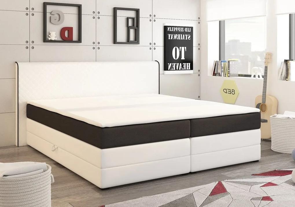 Americká postel boxspring CS89004, s matrací a úložným prostorem, bílá ekokůže/černá látka, 180x200 cm