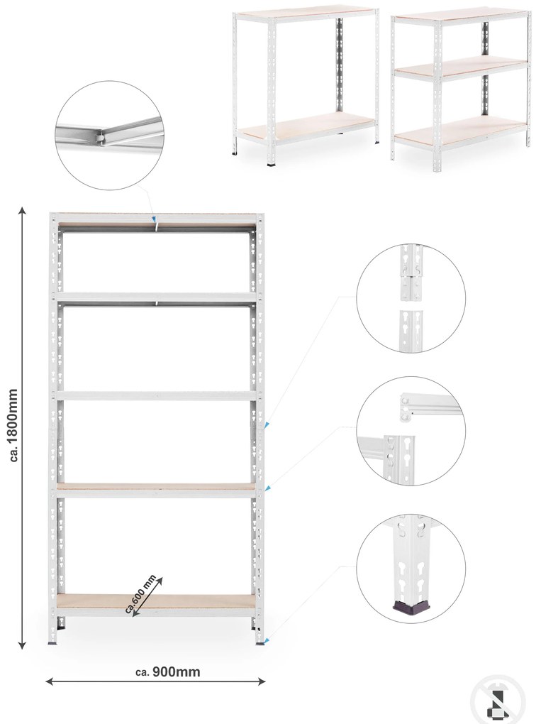 SUPER EKO HIT - Policový regál Trestles RNDU-KUI 1800x900x600, nosnost 875 kg, 5 polic, bílý