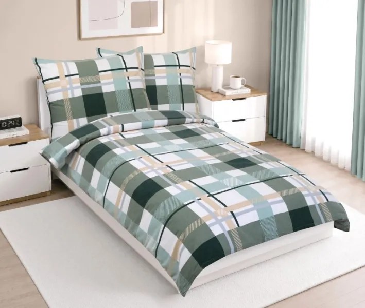 Bellatex Flanelové povlečení 140x220 cm, 70x90 cm Kostka Zelená,Bílá