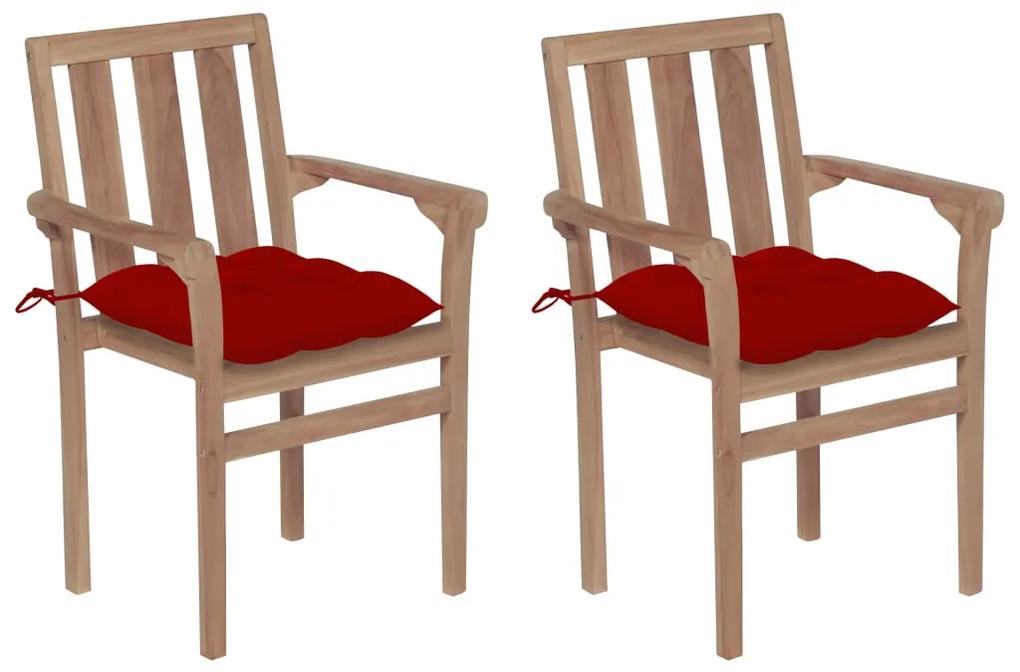 3062229 vidaXL Zahradní židle 2 ks červené podušky masivní teakové dřevo