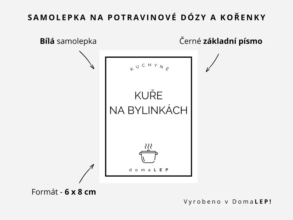 KUŘE NA BYLINKÁCH - omyvatelná samolepka na kořenky, výběr rozměrů Ø 5 cm / 5 x 5 cm / 6 x 8 cm | DomaLEP tvar: ČTVEREC, barva: BÍLÁ - ČERNÉ písmo, velikost: š. 5 cm x v. 5 cm - tučné písmo
