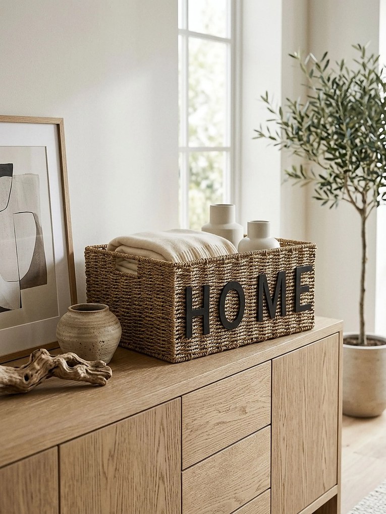 Sinsay - Pletený úložný koš s nápisem Home - béžová