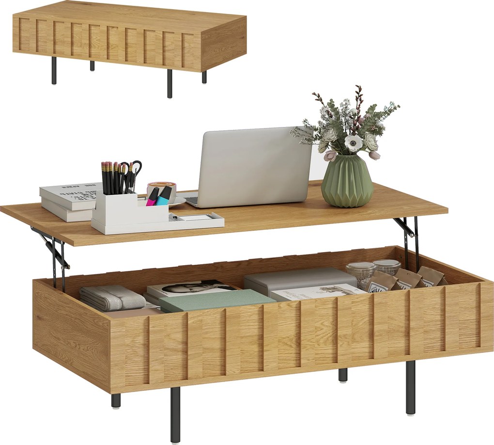 HOMCOM Sklápěcí konferenční stolek se 2 skrytými přihrádkami a žebernými stranami, mid-century-modern styl, 110x55x36,5 cm, dub