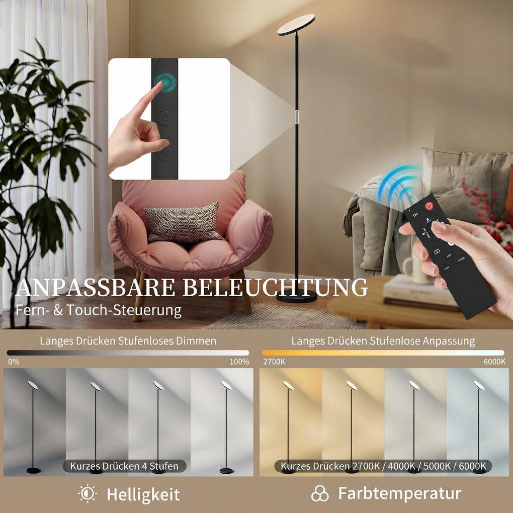 HOMCOM RGB lampička Uplighter, stmívatelná lampa s dálkovým ovládáním a dotykovým ovládáním, 350° otočná hlava, černá