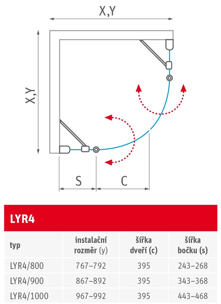 Roth Čtvrtkruhový sprchový kout LYR4 - bez vaničky Varianta: rozměry: 90x90 cm - (LYR4 900 - 1135008267), Barva profilů a typ výplně: profily: brillant, výplň: transparent