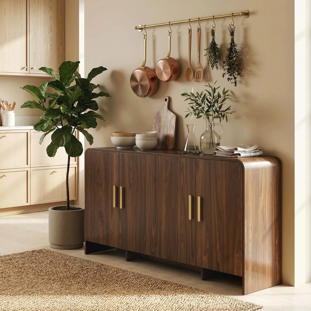 HOMCOM komoda do obývacího pokoje, úložný nábytek se 4 dveřmi s měkkým zavíráním, 4 přihrádkami a zaoblenými hranami, 152x40x80 cm, ořech
