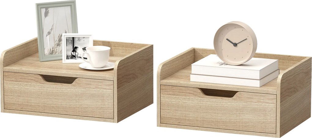 HOMCOM set 2 nástěnných nočních stolků, závěsné noční stolky s 1 zásuvkou do ložnice, 40x30x19,5 cm, přírodní