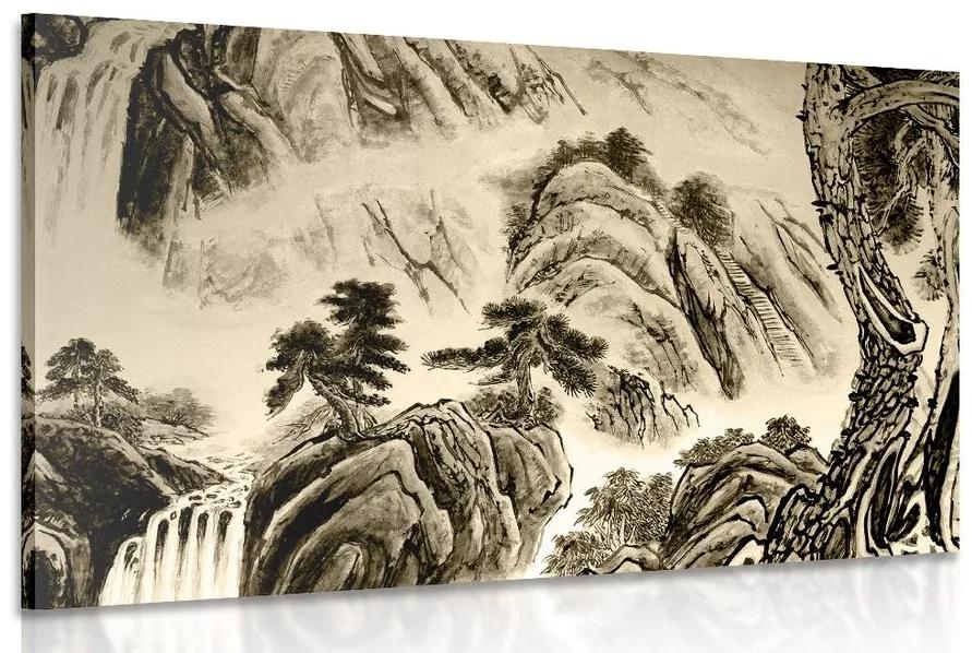 Obraz čínská krajinomalba v sépiovém provedení Varianta: 90x60