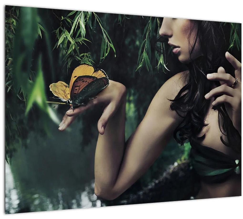 Skleněný obraz půvabné ženy s motýlem (70x50 cm)