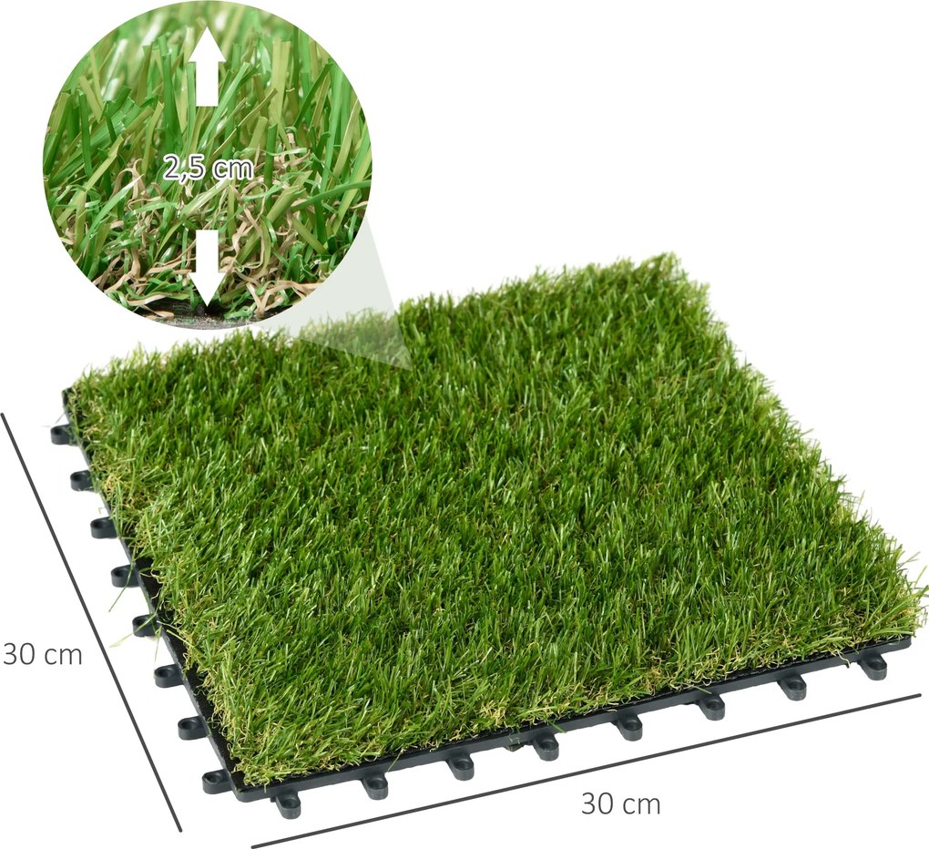 Outsunny umělá tráva 10 kusů travní koberec 30 x 30 cm 25 mm tmavě zelený pro balkonovou zahradu, odolný a snadno udržovatelný, umělý trávník z plastu