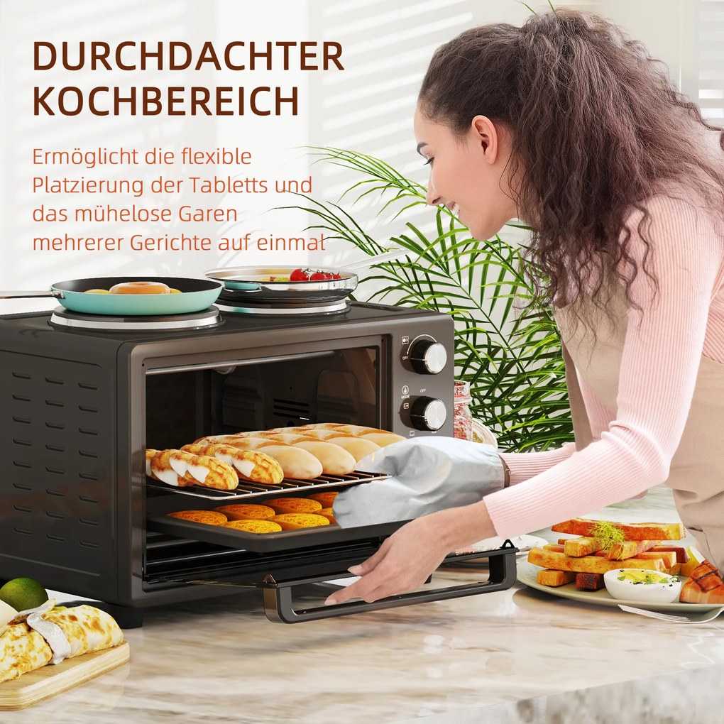 HOMCOM 28 L toustovací trouba, kompaktní trouba na vaření a grilování, elektrická trouba s pečicím plechem, roštem, 2600 W, černá
